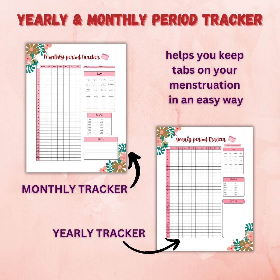 Printable Period Tracker: Yearly and Monthly Cycle Monitoring Menstrual ...