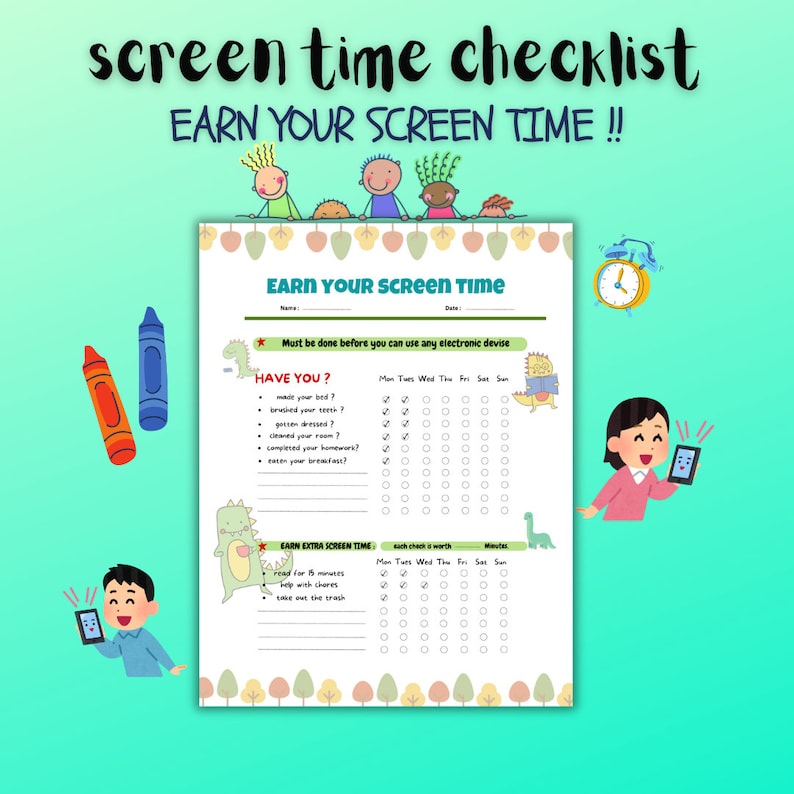 Checklist for Screen Time Chart for Kids Printable Screen Time Tracker ...