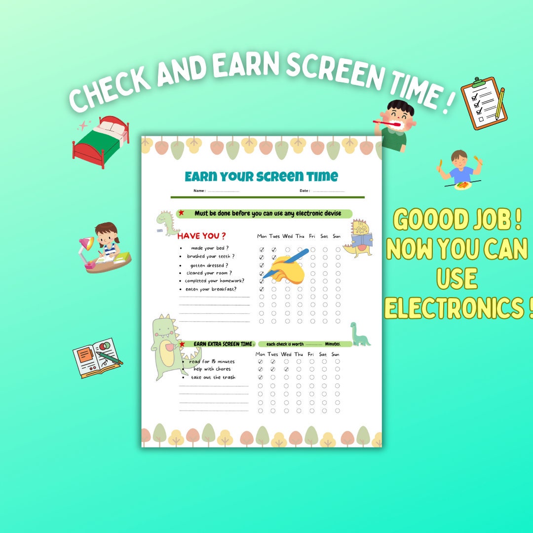 Checklist for Screen Time Chart for Kids Printable Screen Time Tracker ...