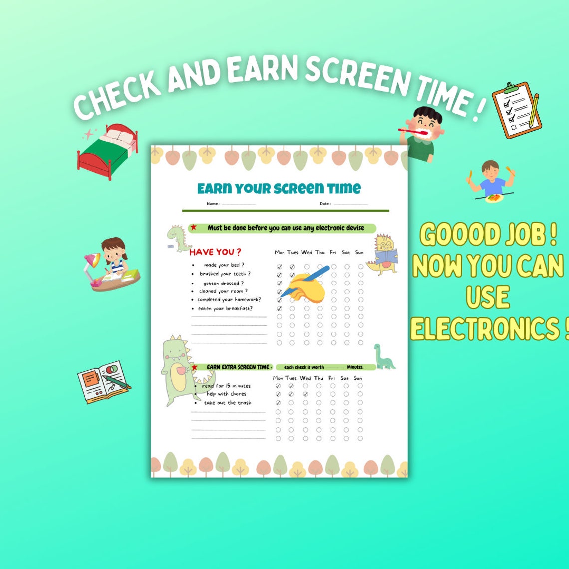 Checklist for Screen Time Chart for Kids Printable Screen Time Tracker ...