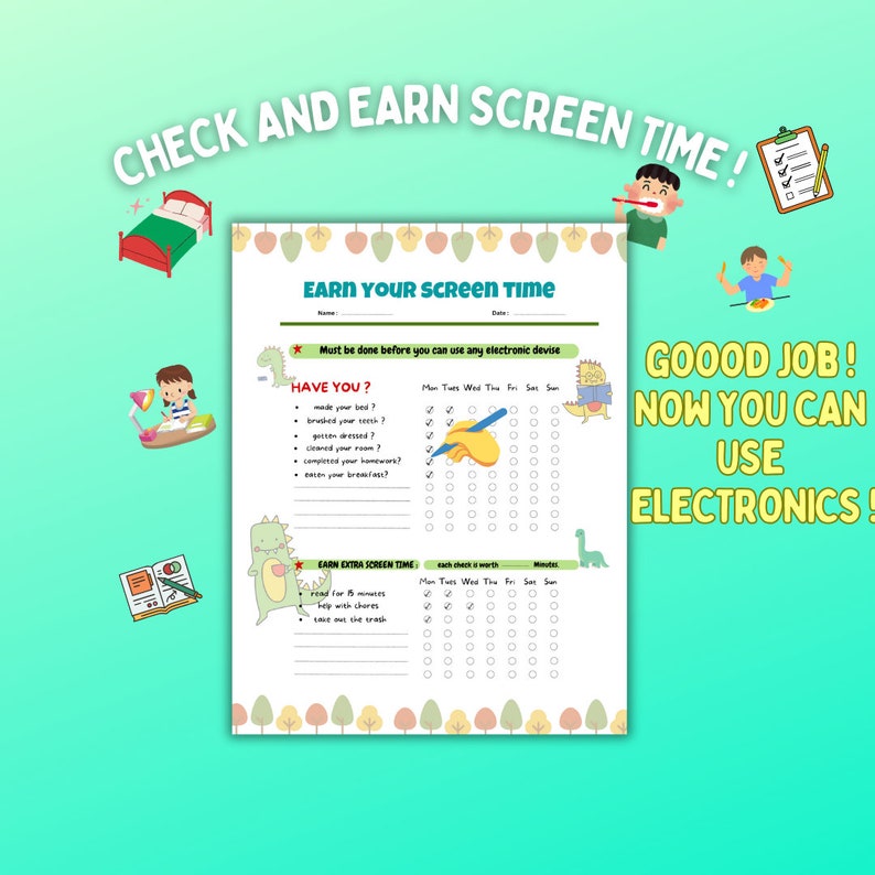Checklist for Screen Time Chart for Kids Printable Screen Time Tracker ...