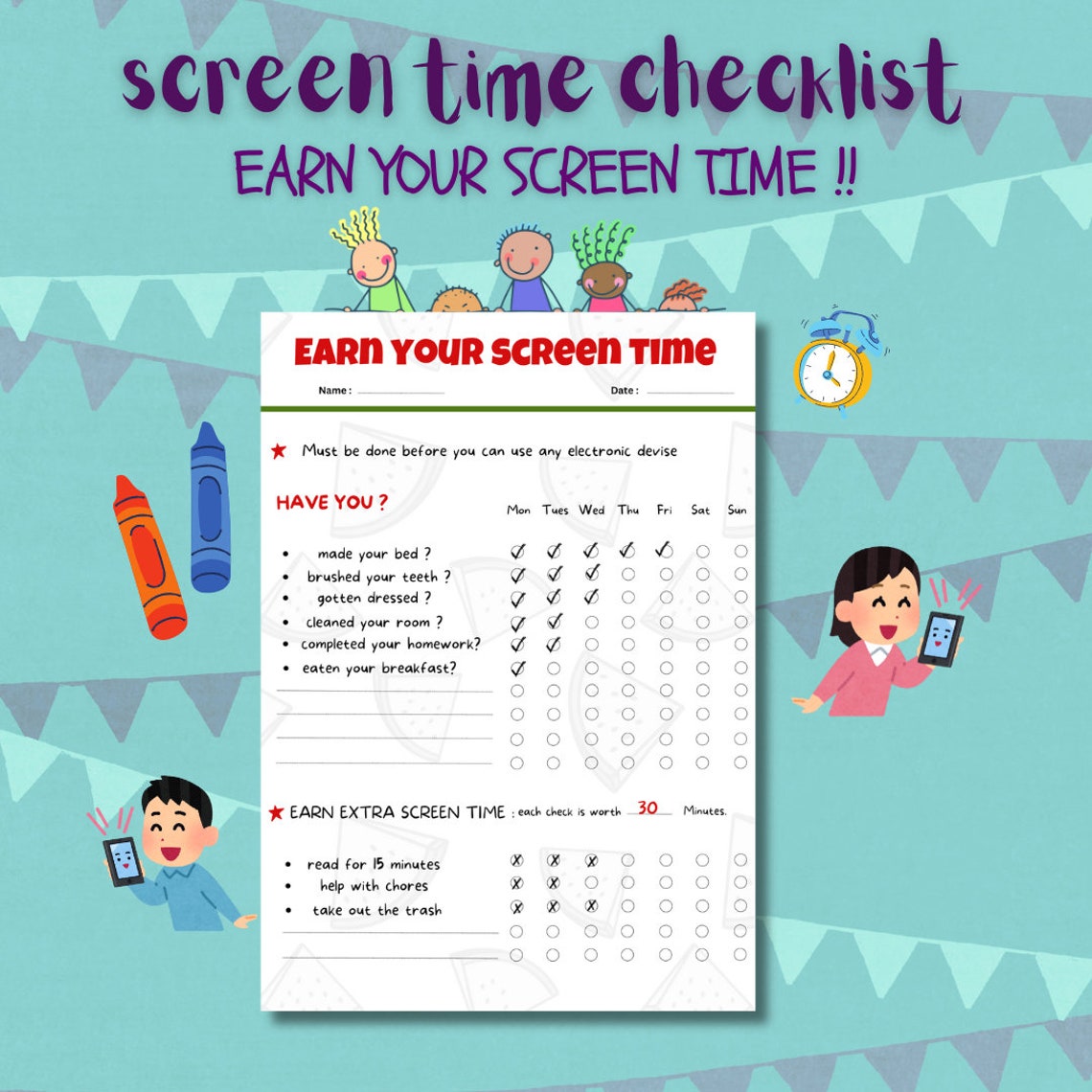 Checklist for Screen Time Chart for Kids Printable Screen Time Tracker ...