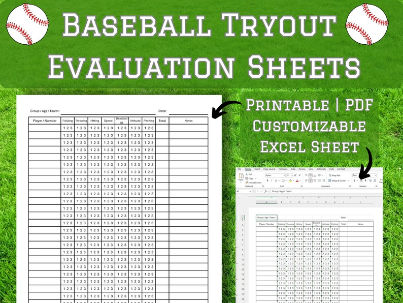Baseball Tryout Evaluation Sheets | PDF & Excel | Customizable - Etsy