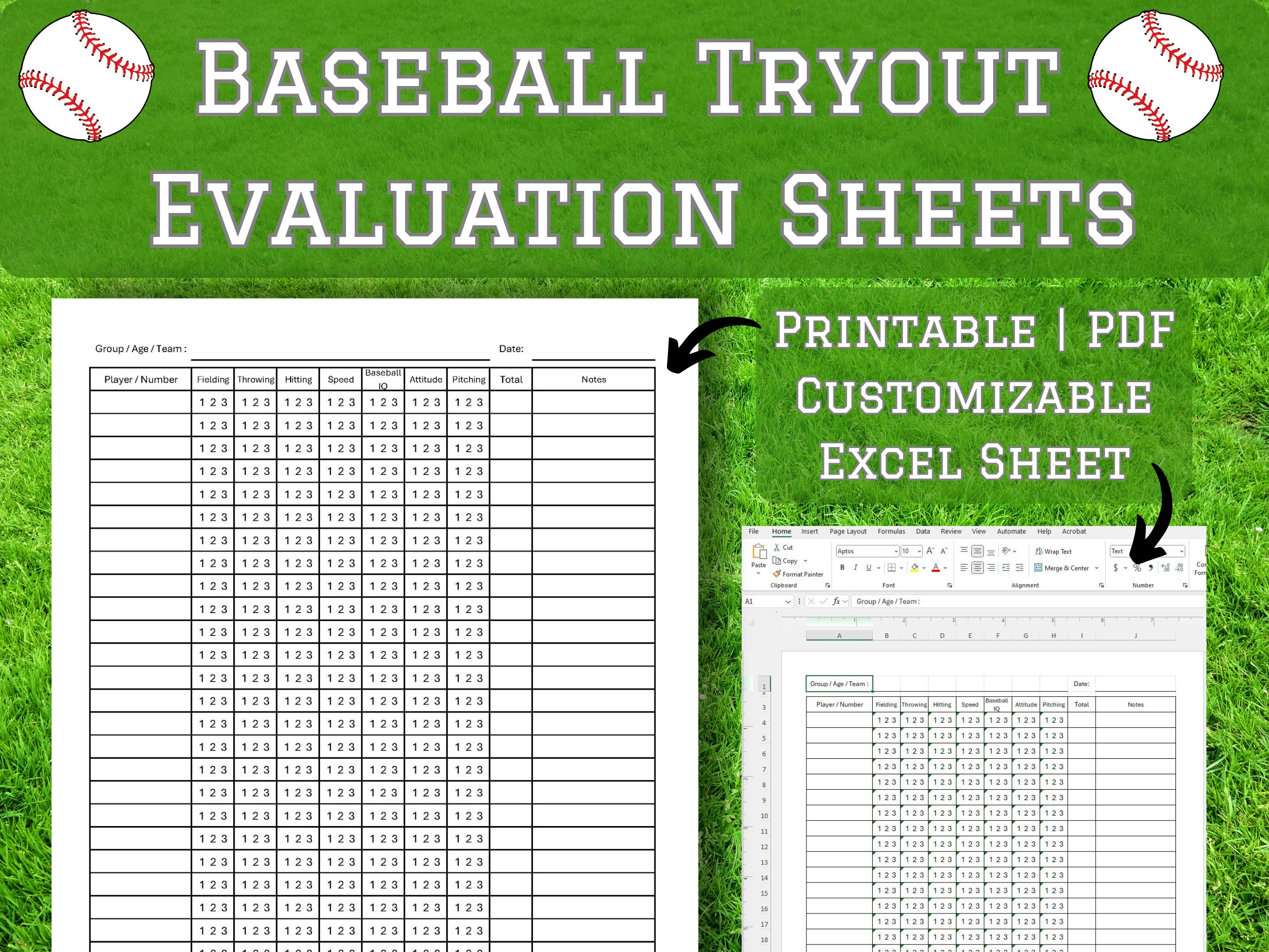 Baseball Tryout Evaluation Sheets | PDF & Excel | Customizable - Etsy