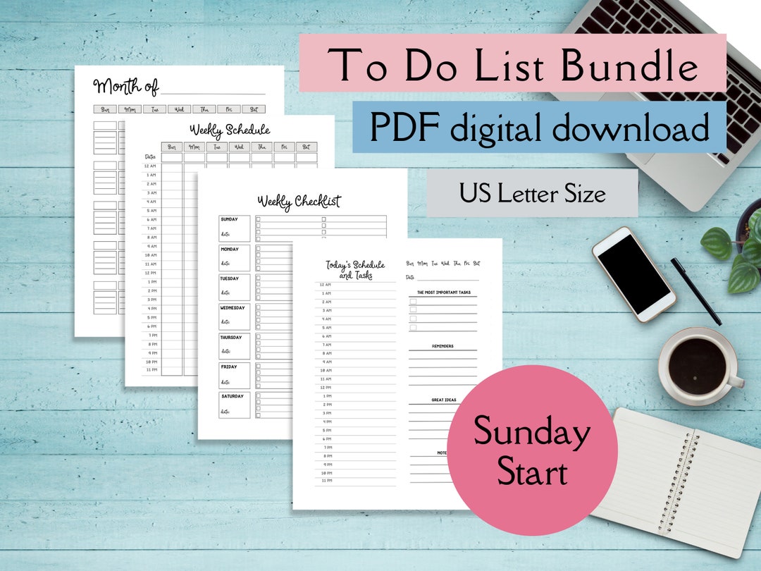 To Do List Planner Bundle Sunday Start US Letter Size PDF Instant ...