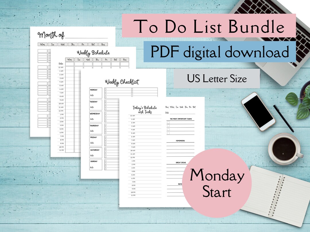 Monday Start to Do List Planner Bundle US Letter Size PDF Instant ...