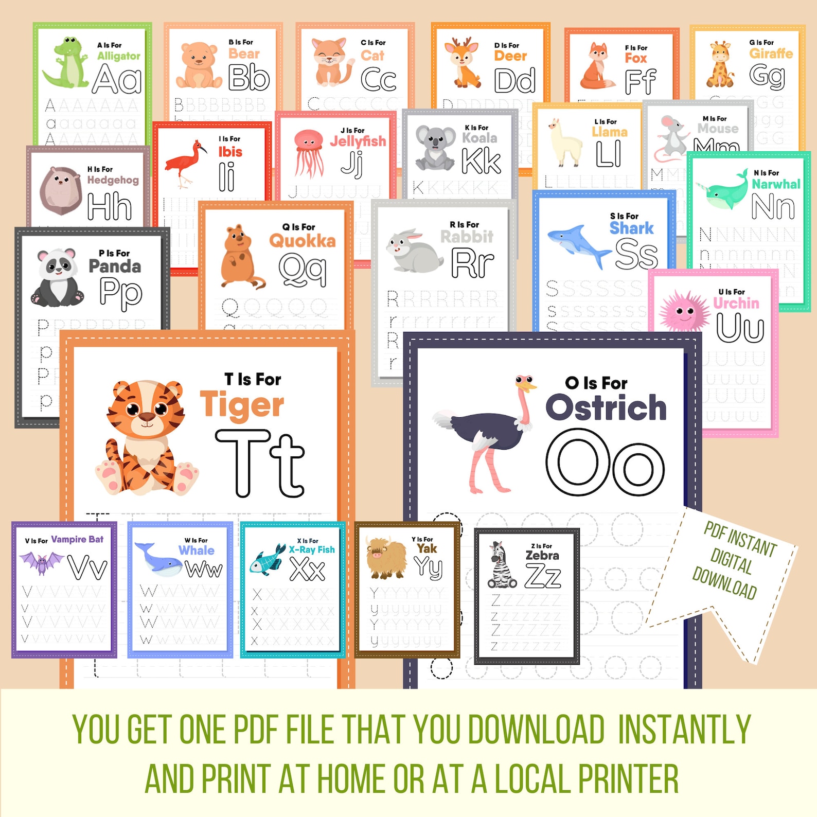 ANIMAL ALPHABET TRACING Cards | Printable 26 Uppercase and Lowercase ...