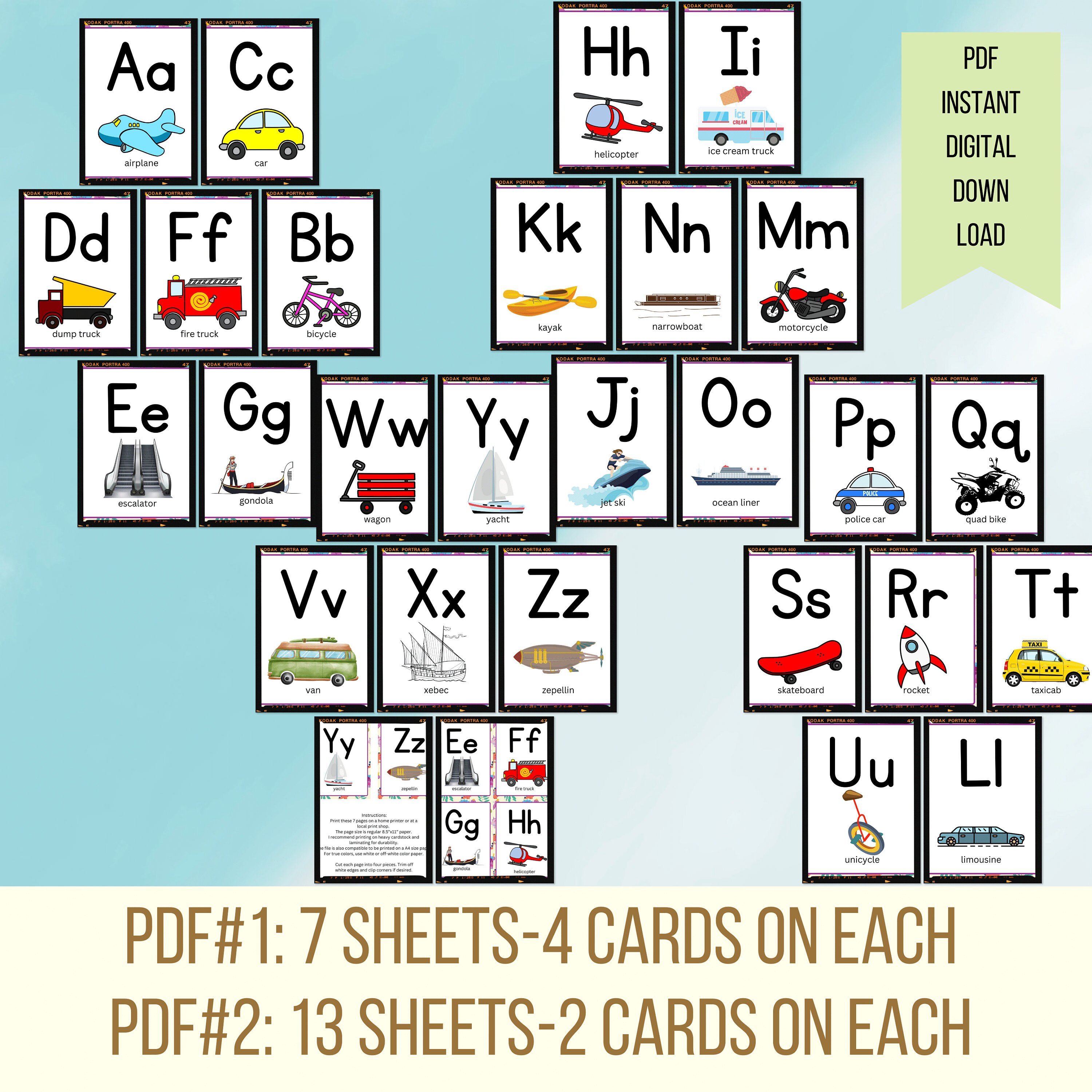 ABC FLASHCARDS - Cars Boats Transport - Printable 8.5x11 in and 5x7 ...