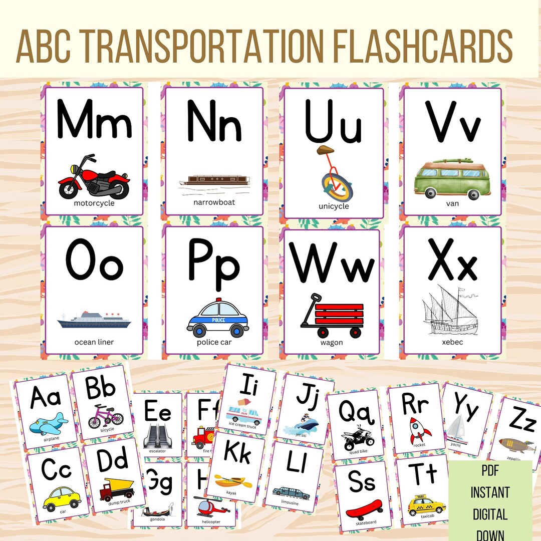 ABC FLASHCARDS - Cars Boats Transport - Printable 8.5x11 in and 5x7 ...