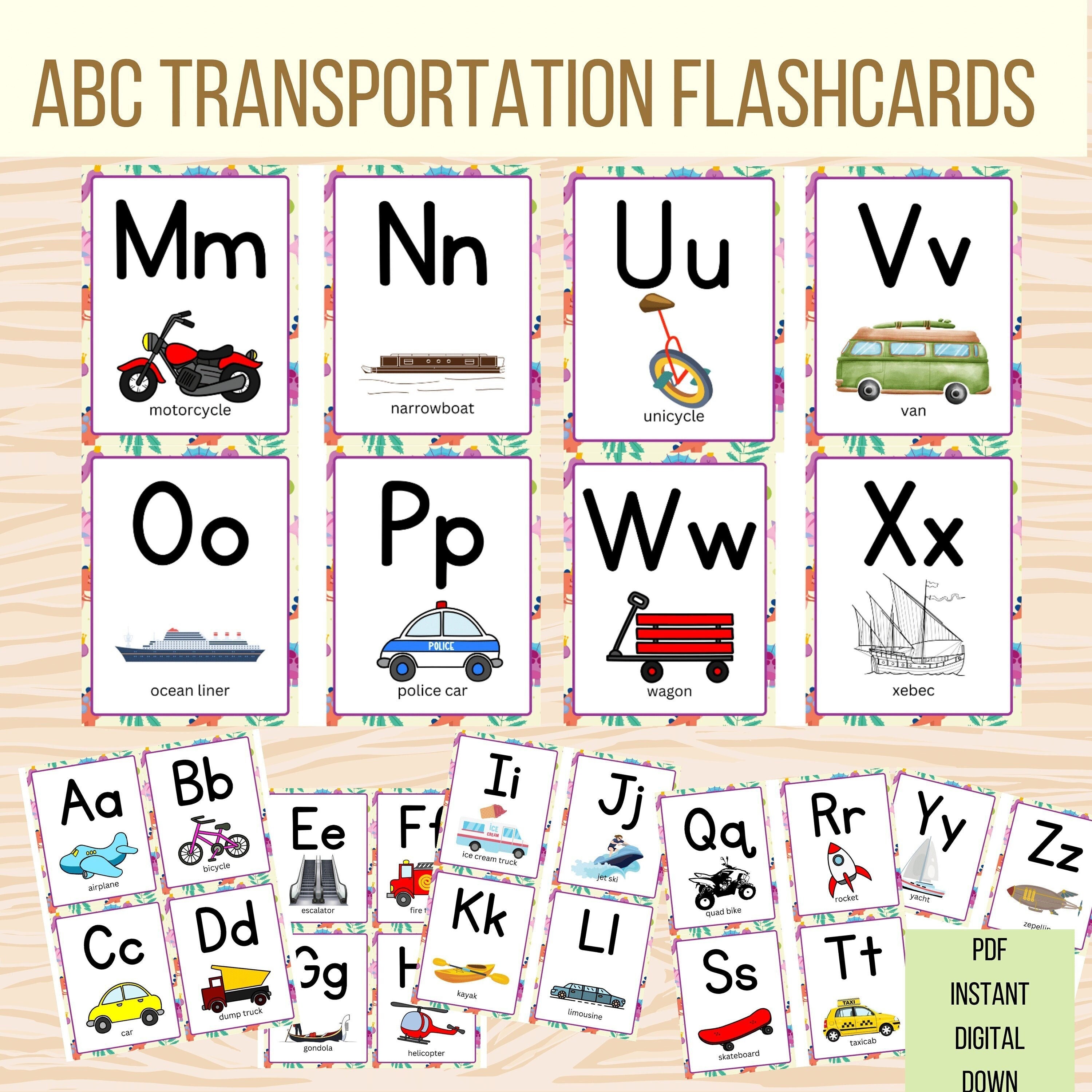 ABC FLASHCARDS - Cars Boats Transport - Printable 8.5x11 in and 5x7 ...