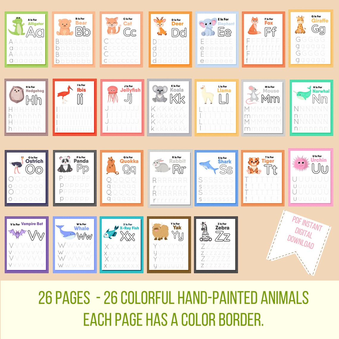 ANIMAL ALPHABET TRACING Cards | Printable 26 Uppercase and Lowercase ...