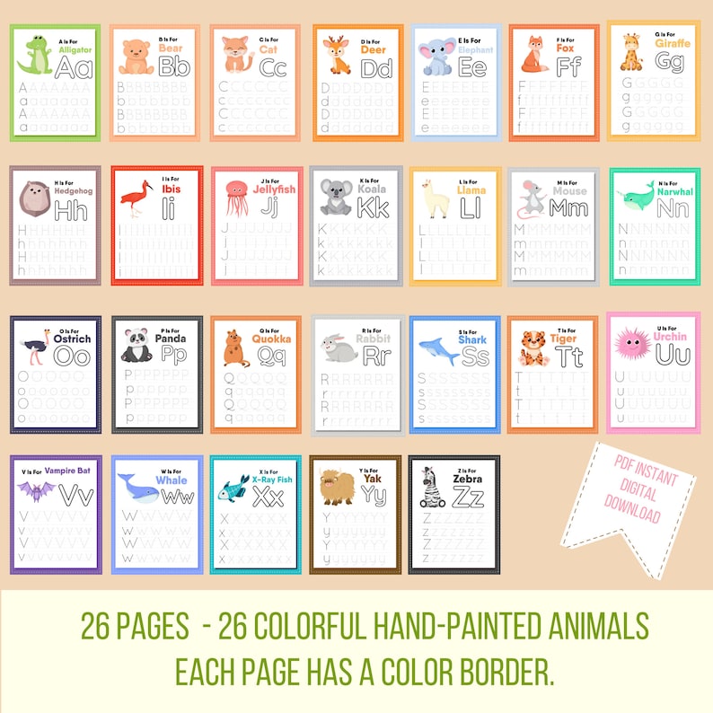 ANIMAL ALPHABET TRACING Cards | Printable 26 Uppercase and Lowercase ...