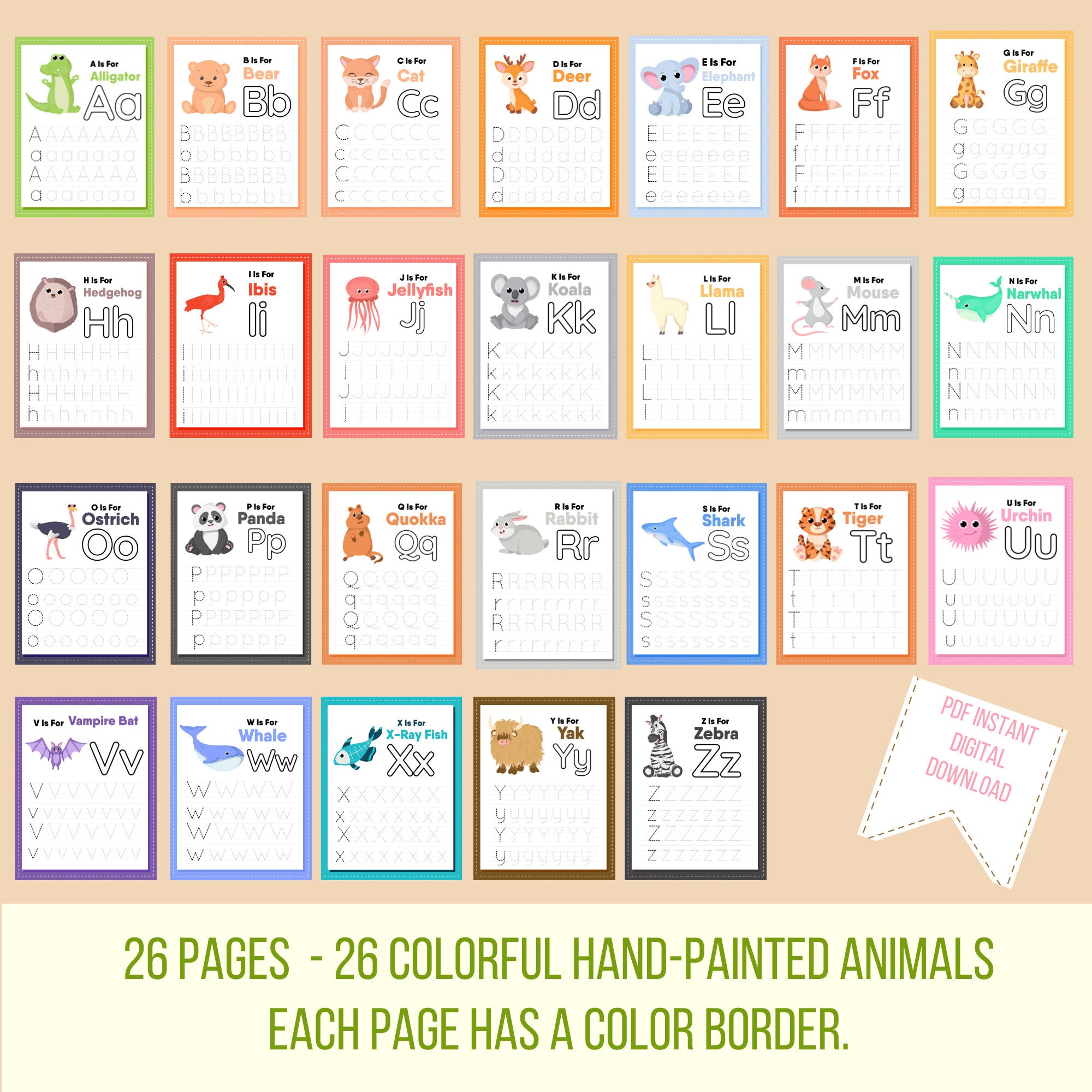 ANIMAL ALPHABET TRACING Cards | Printable 26 Uppercase and Lowercase ...