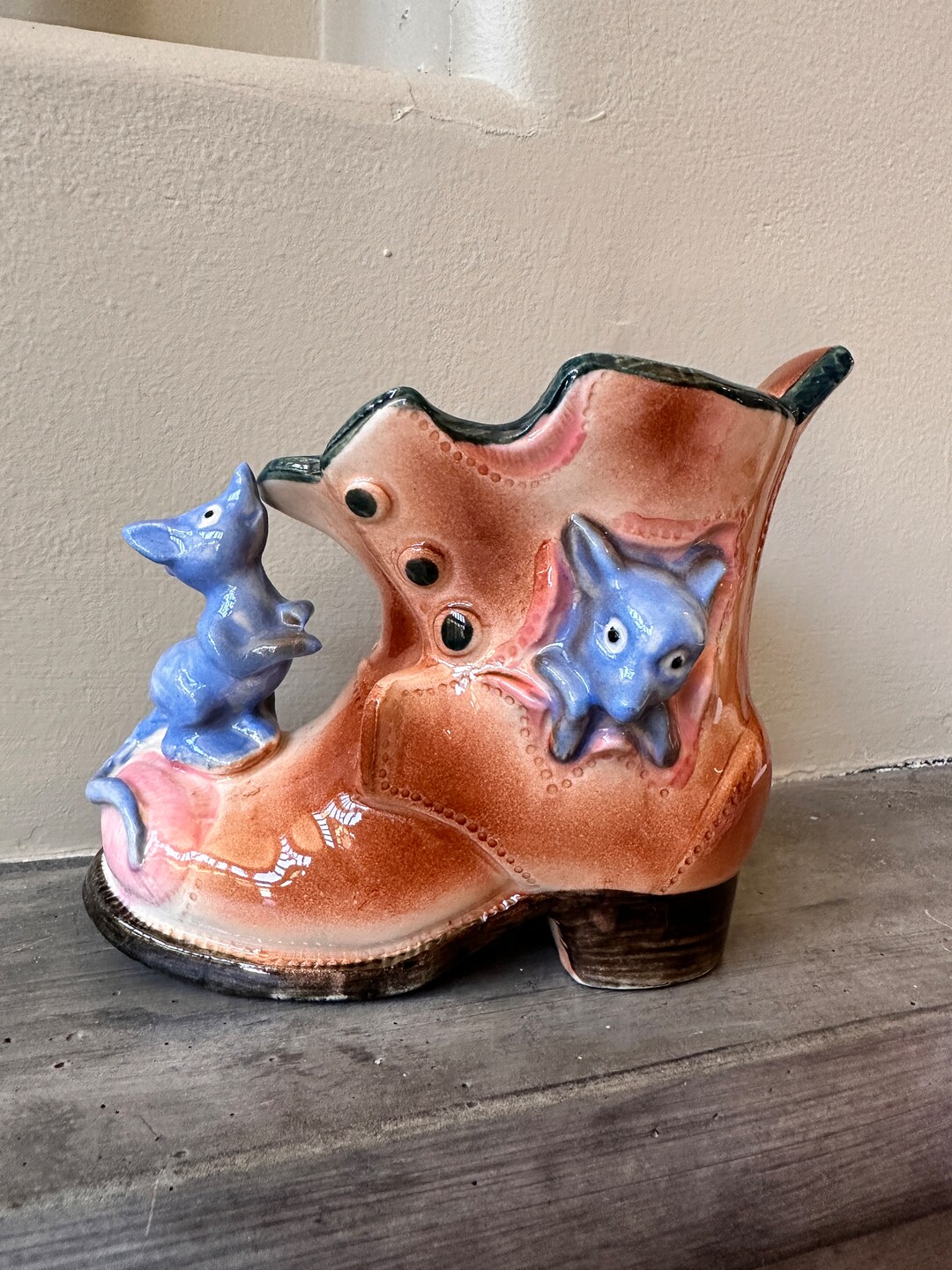 Vintage Planter With Boot and Cute Mice MCM - Etsy
