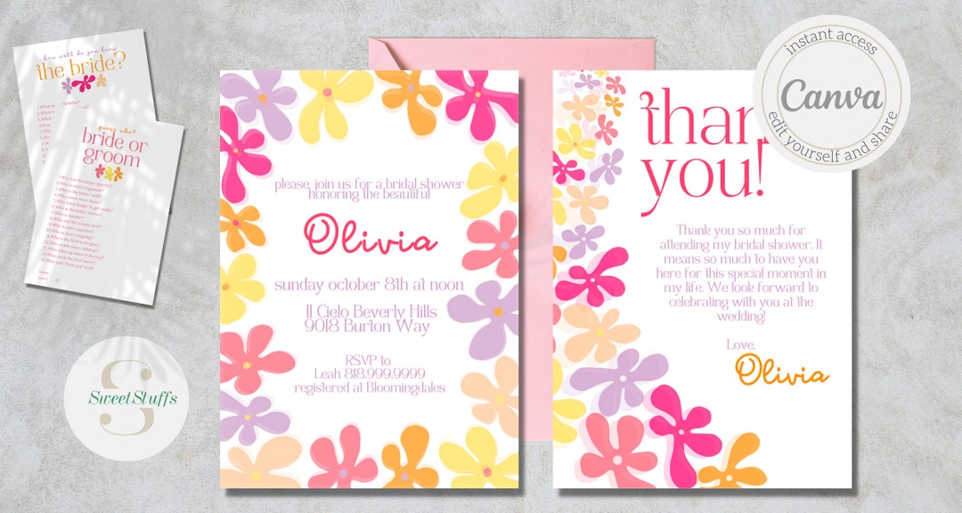 Invitation, Thank You Card & Game BUNDLE Dizzy Retro Flowers, Hand ...