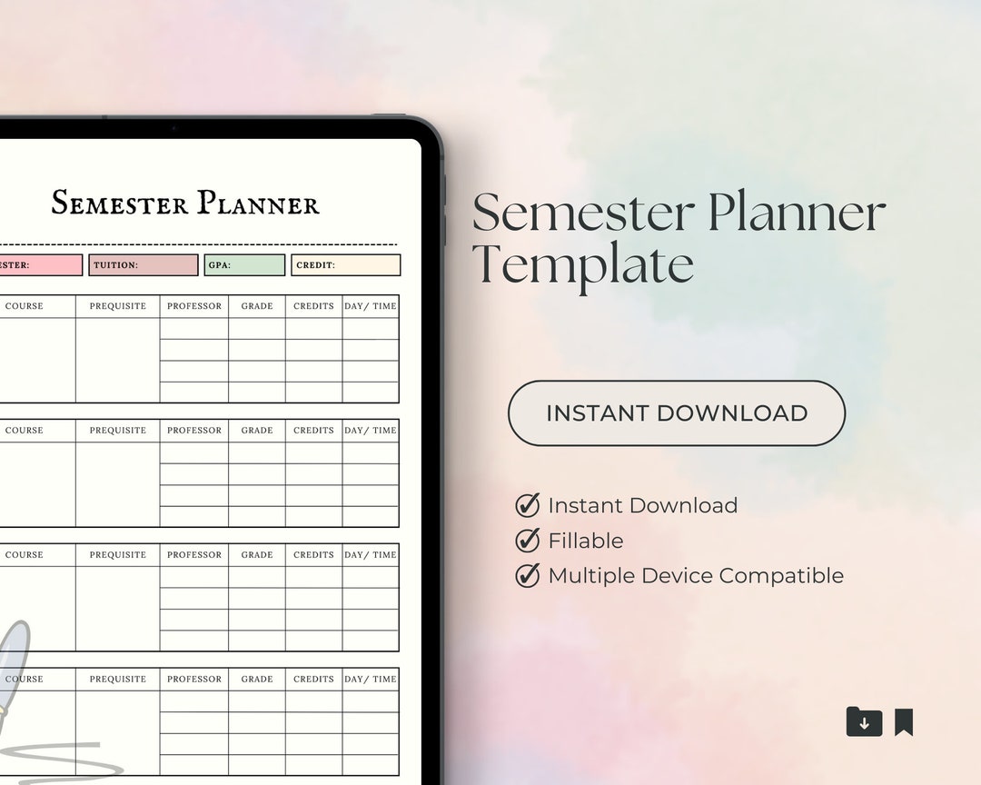Semester Planner Printable College Semester Planner Study Planner GPA ...