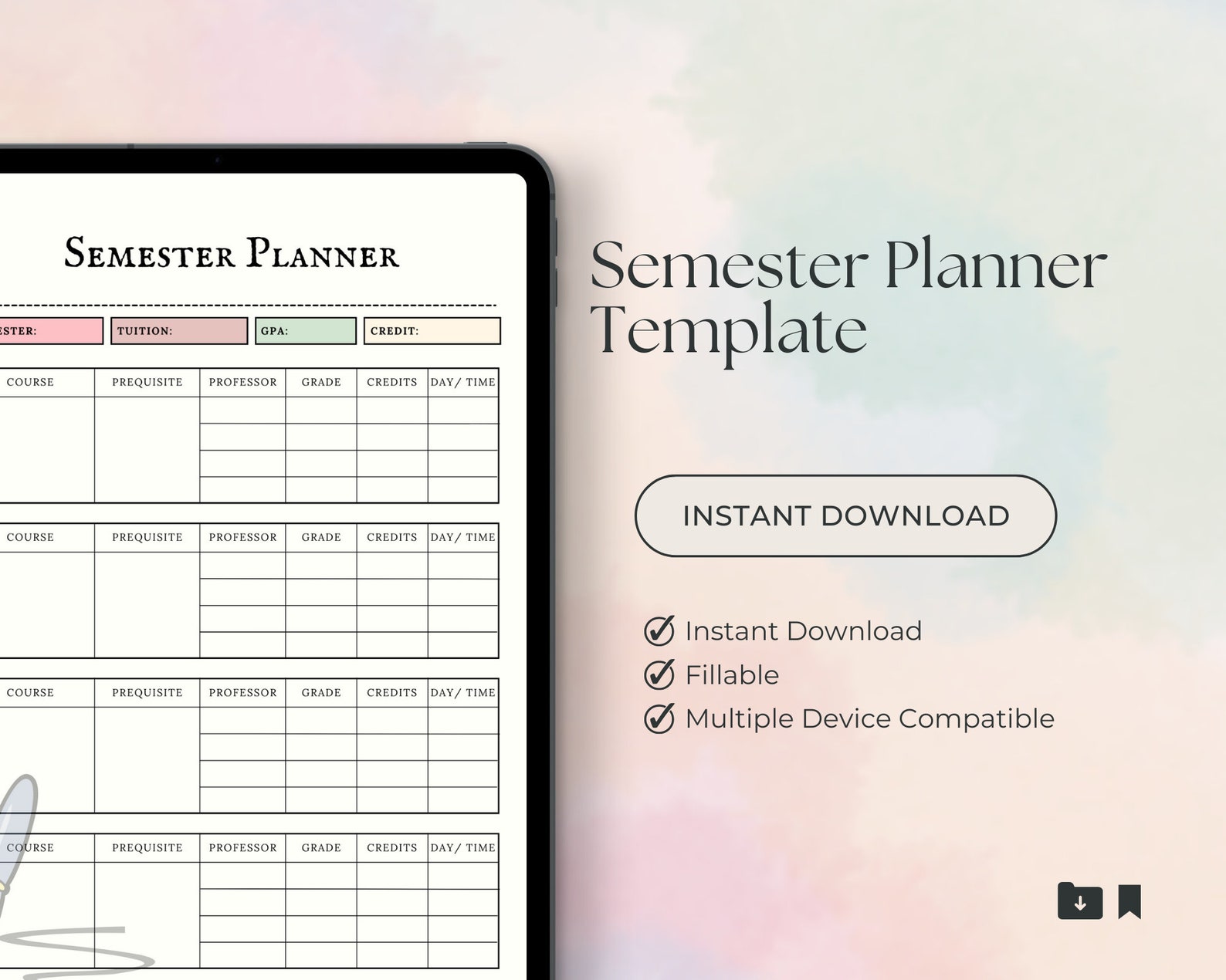 Semester Planner Printable College Semester Planner Study Planner GPA ...