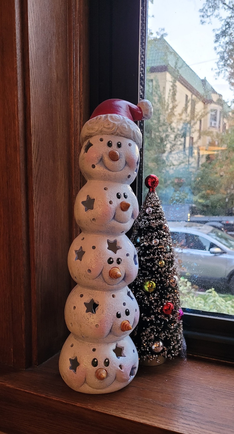 15 in Ceramic Lighted Snowman Head Stack - Etsy