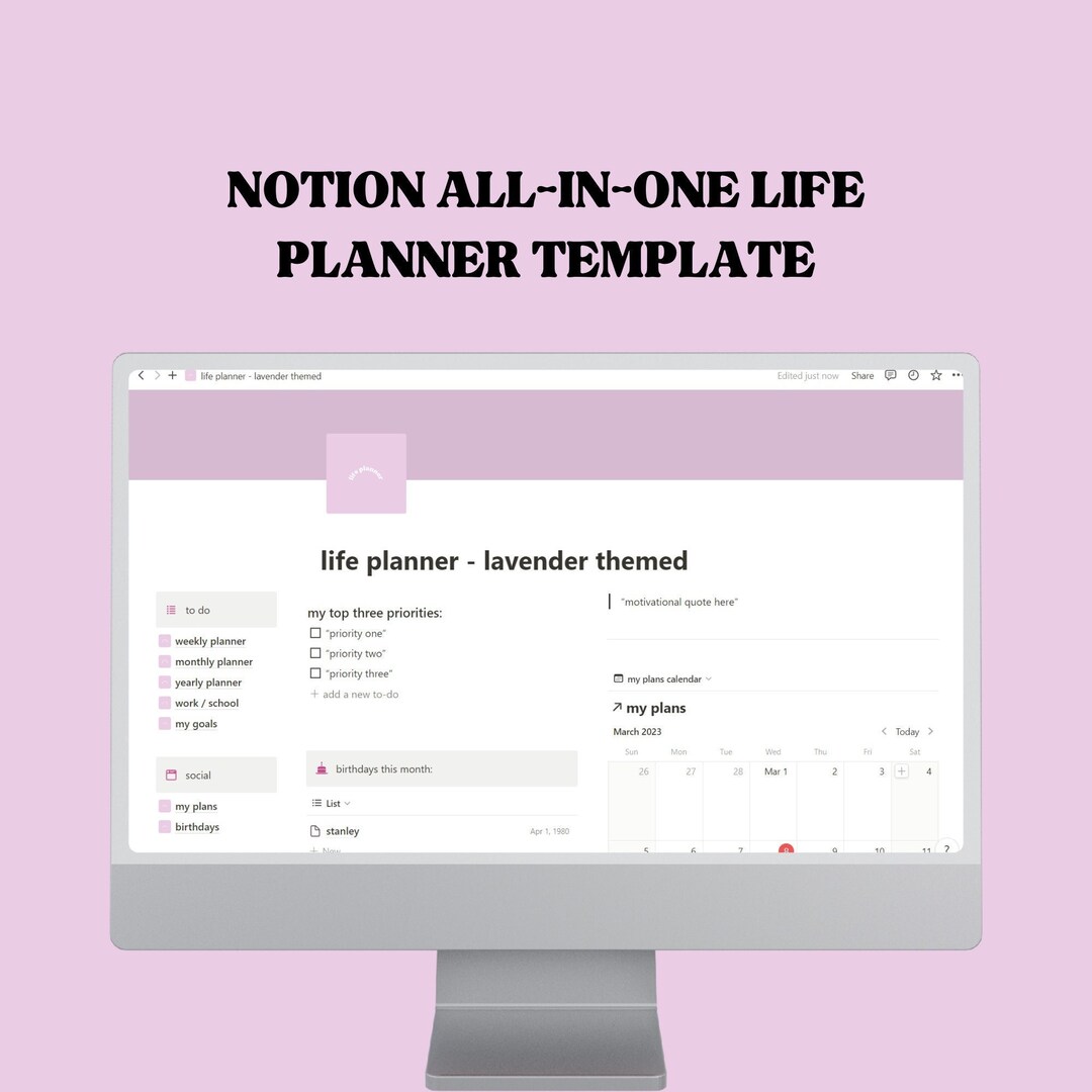 Life Planner Notion Template Lavender Aesthetic Notion Template, Simple ...