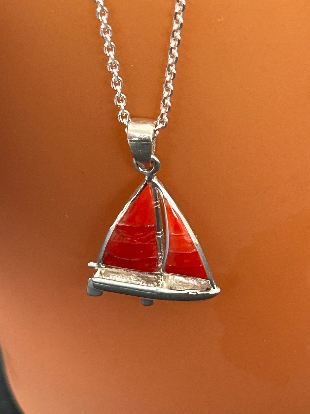 Sailboat Necklace in 925 Silver and Mediterranean Red Coral. Nautical ...