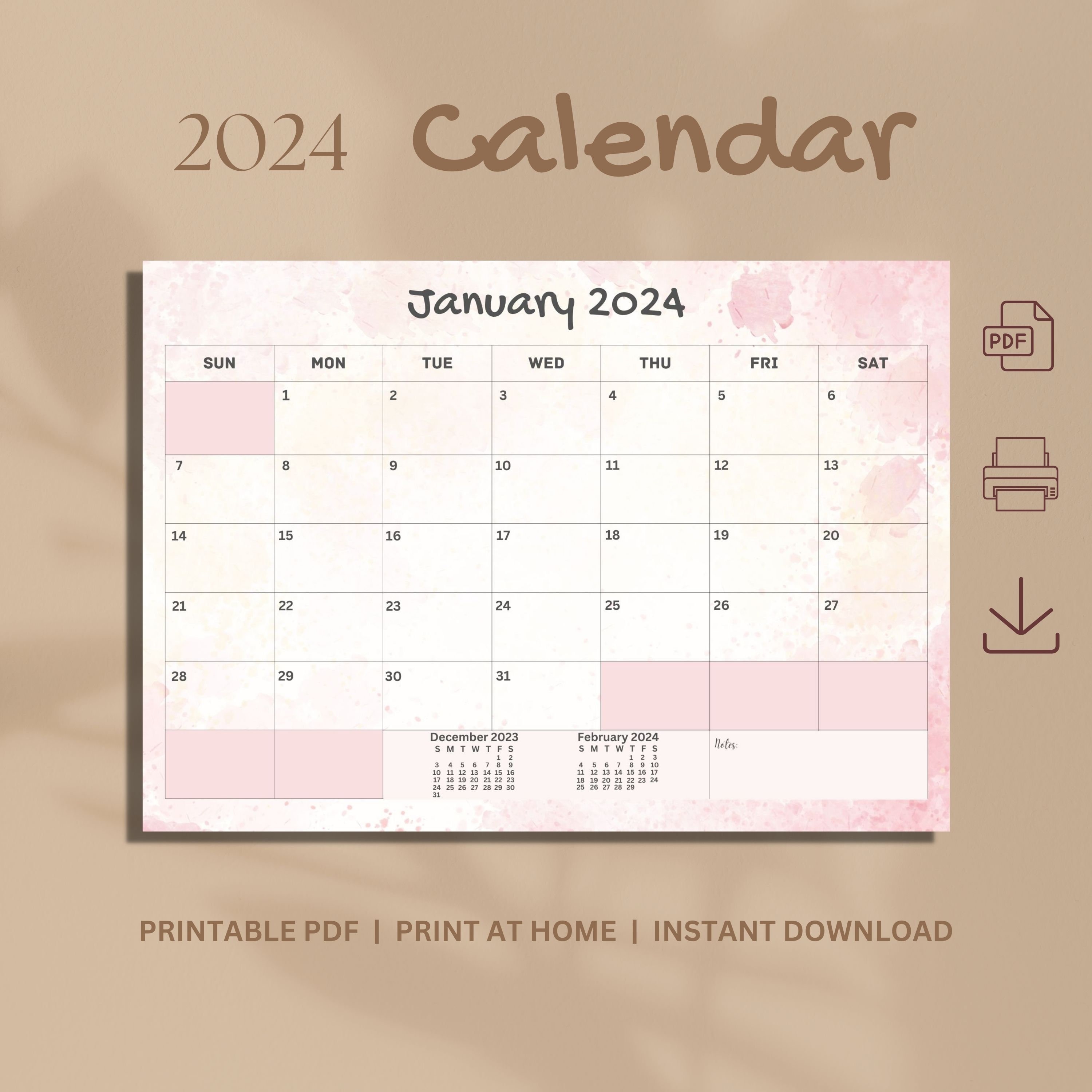 Self Printable 2024 Chic Pink Minimalist Monthly Calendar A4, A5, & US ...