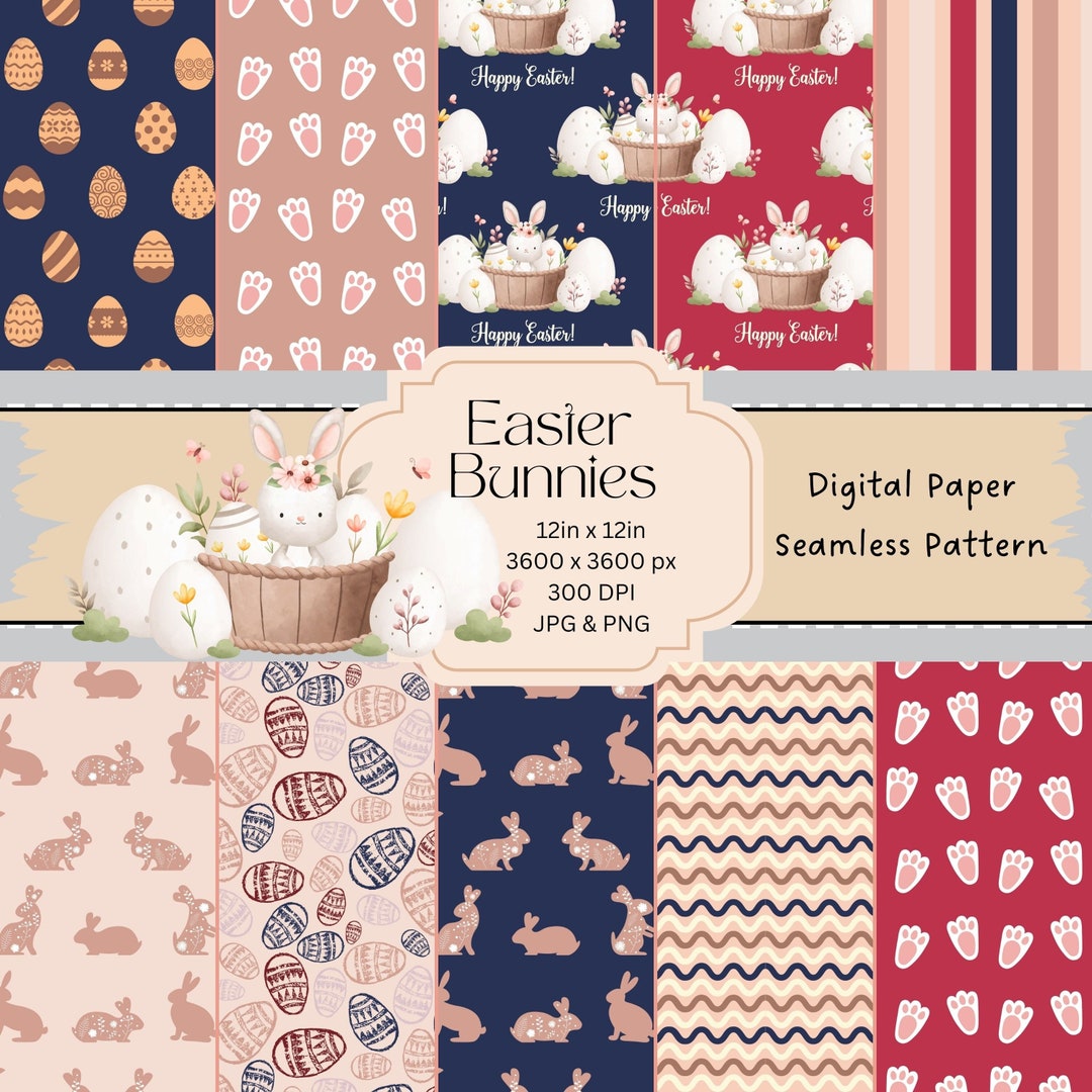 10 Easter Bunny Themed Printable Seamless Patterns, Aesthetic Baby ...