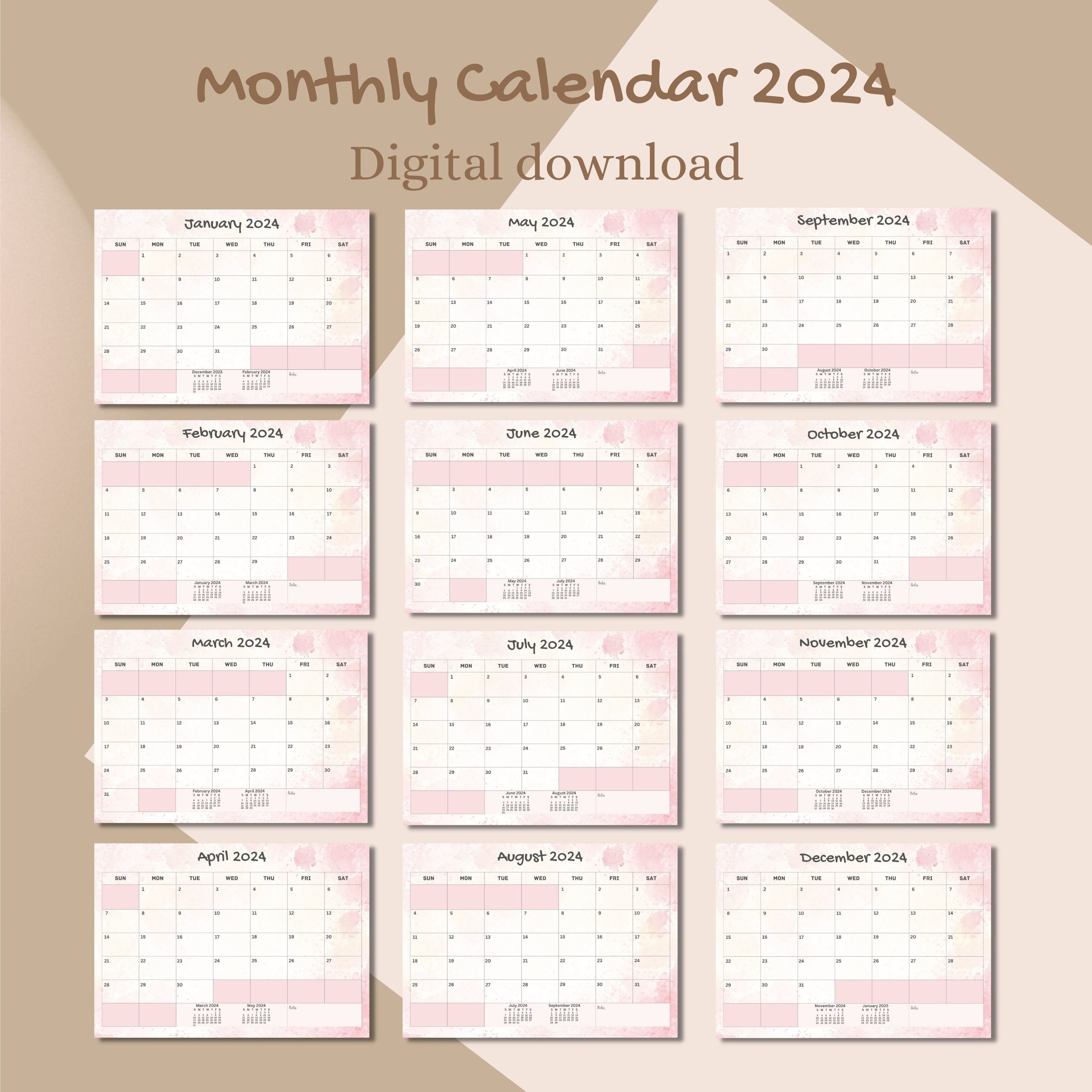 Self Printable 2024 Chic Pink Minimalist Monthly Calendar A4, A5, & US ...