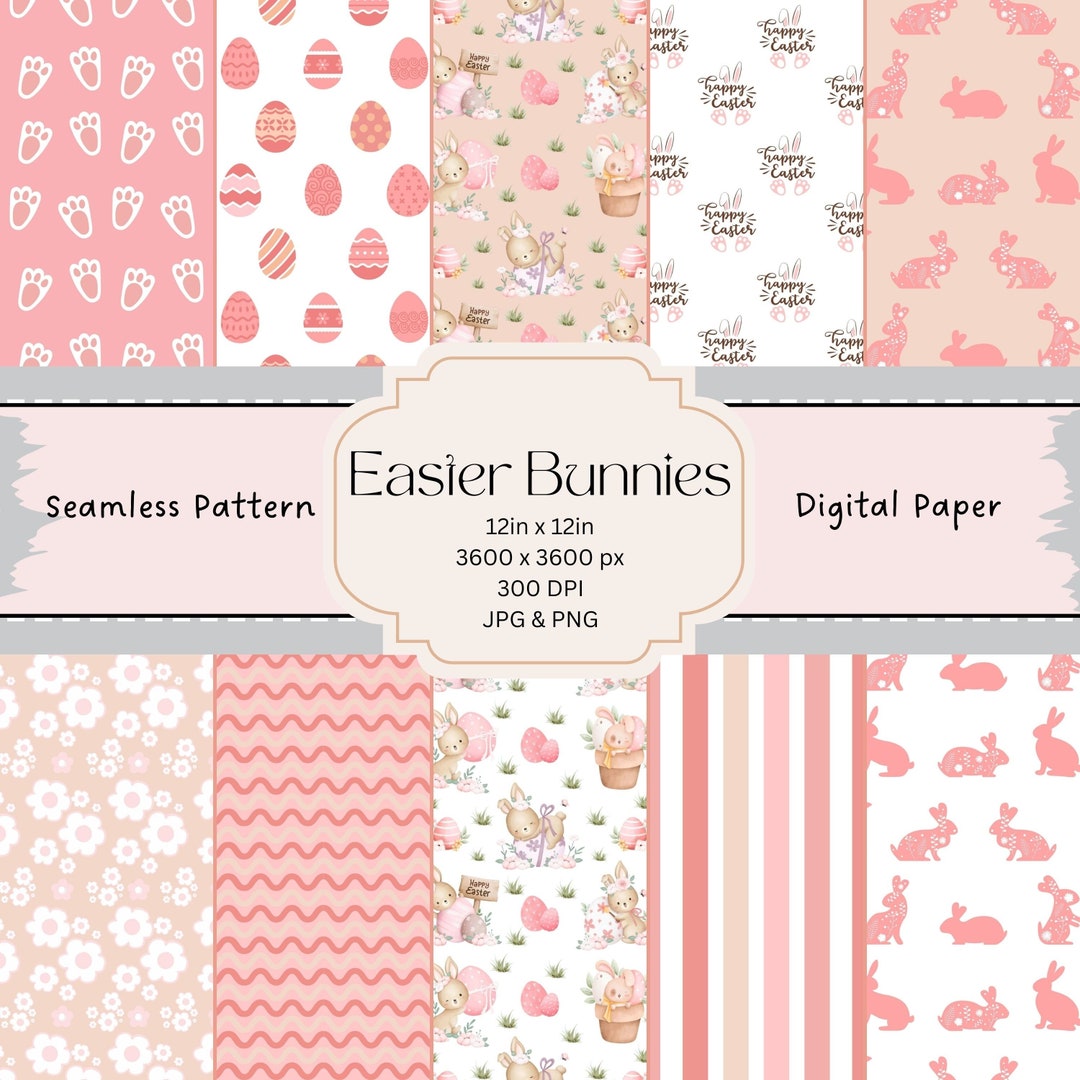 10 Easter Bunny Themed Printable Seamless Patterns, Pink Baby Bunnies ...
