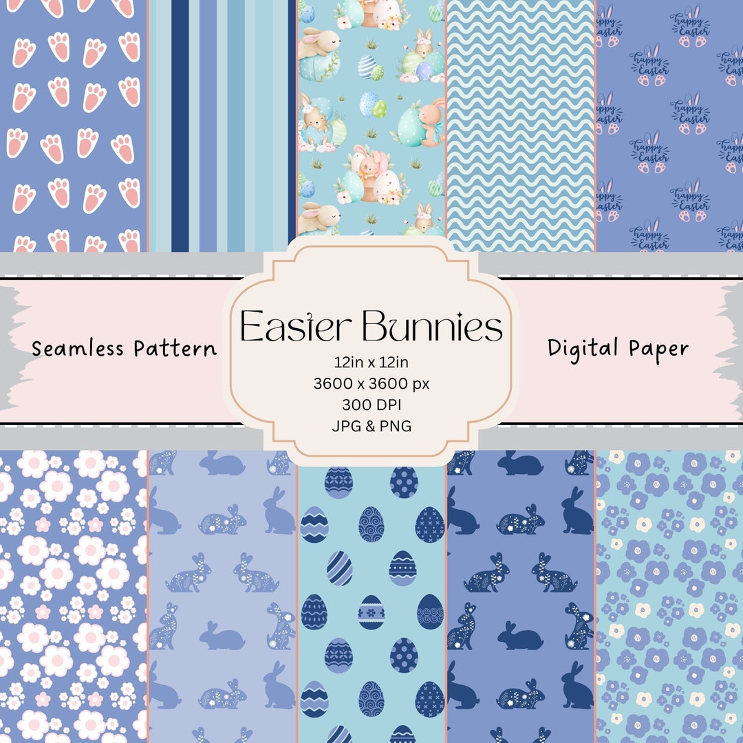 10 Easter Bunny Themed Printable Seamless Patterns, Blue Baby Bunnies ...