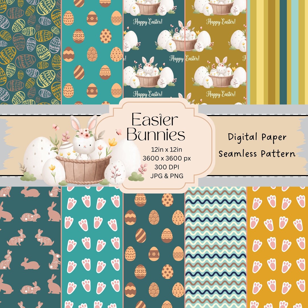10 Easter Bunny Themed Printable Seamless Patterns, Aesthetic Baby ...