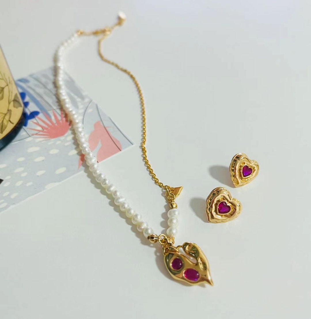 Ruby Heart Necklace,ruby Heart Charm,18k Gold Plated,ruby Heart Zicron ...
