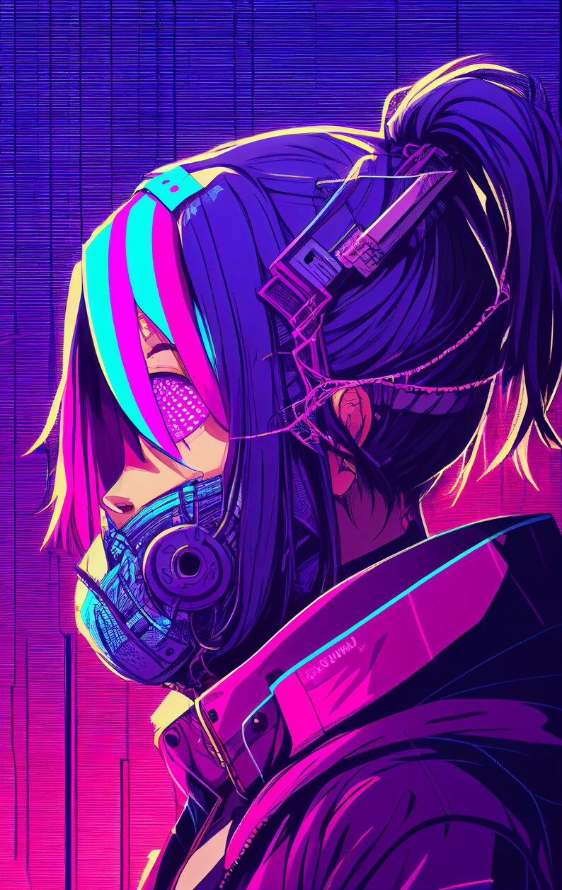 Neon Anime Girl Gas Mask Side Profile, Cyberpunk Poster Wall Art, Room ...