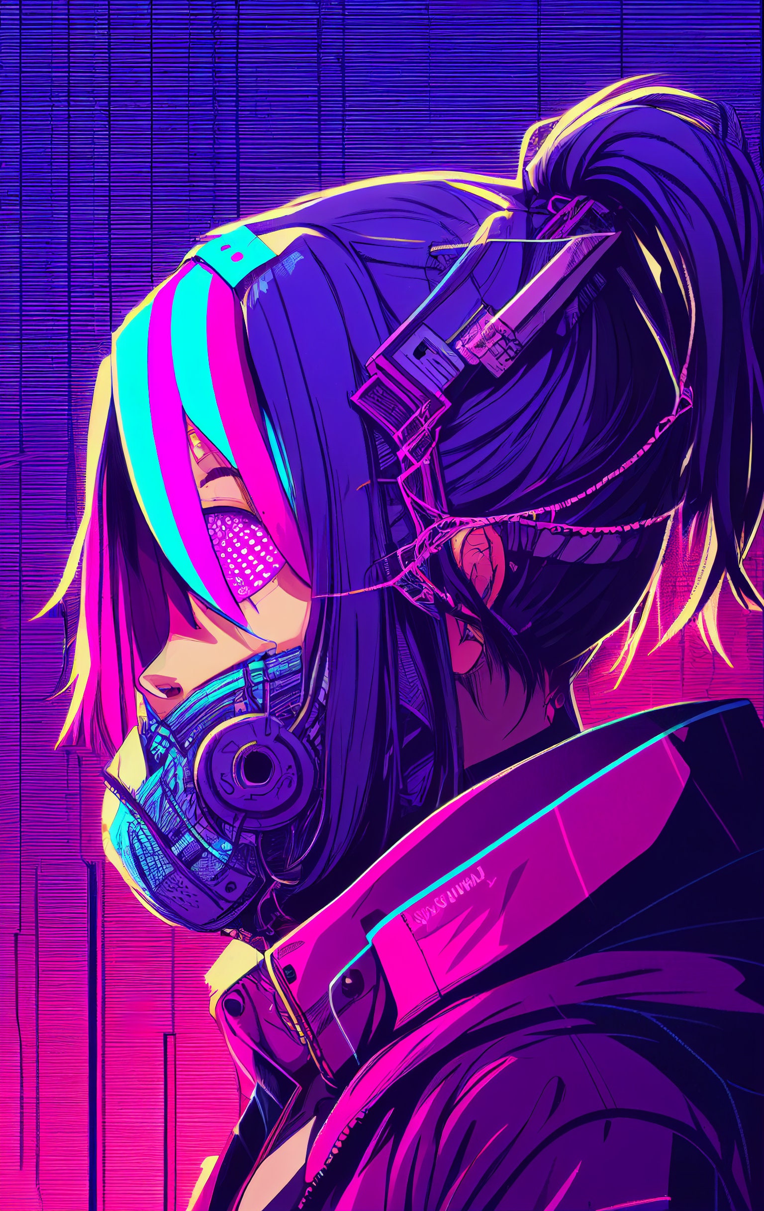 Neon Anime Girl Gas Mask Side Profile Cyberpunk Poster Wall Etsy