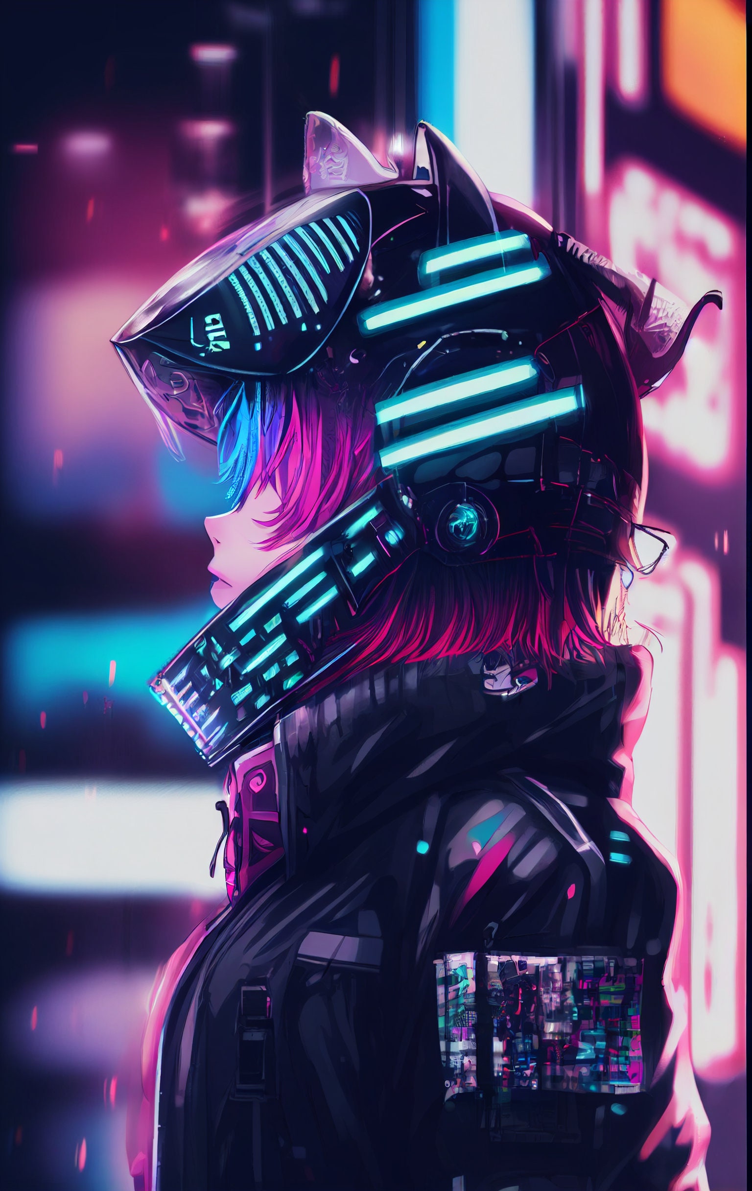 Neon Side Profile Anime Girl Neko Cat Helmet, Poster Wall Art ...