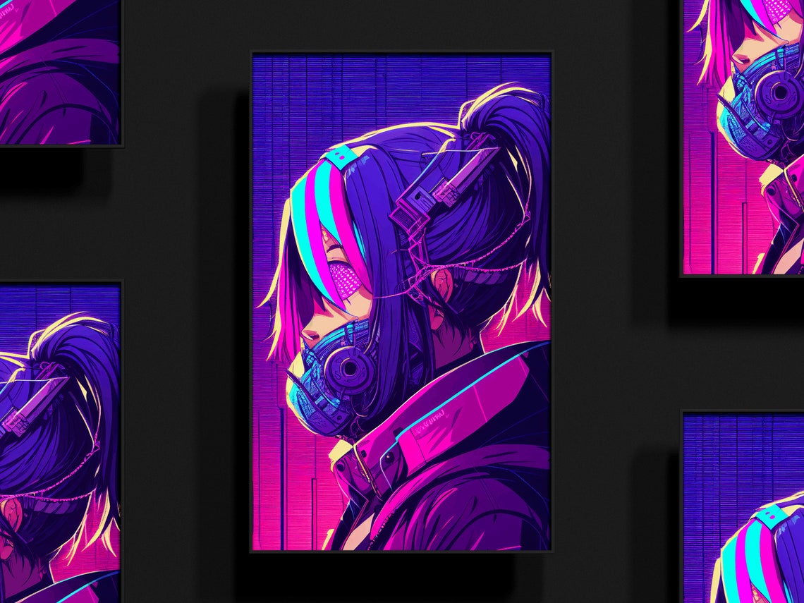 Neon Anime Girl Gas Mask Side Profile, Cyberpunk Poster Wall Art, Room ...