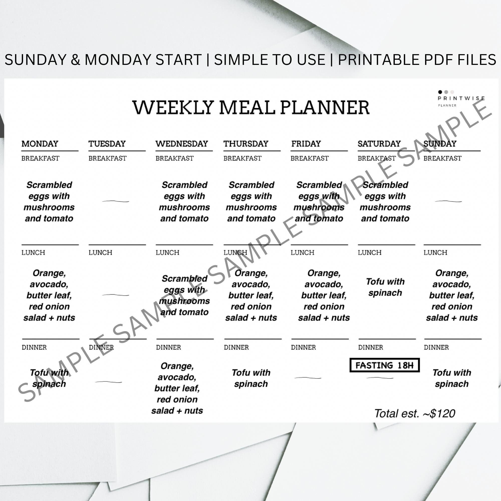Weekly Meal Planner, Printable Planner, Digital Planner, Monday Start ...