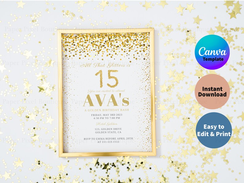 Editable Gold Birthday Invitation for 1st to 16th Birthday Invite ...
