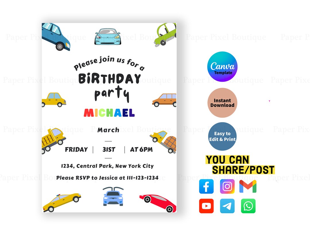 Cars Birthday Invitation | Digital Evite | Editable in Canva Printable ...