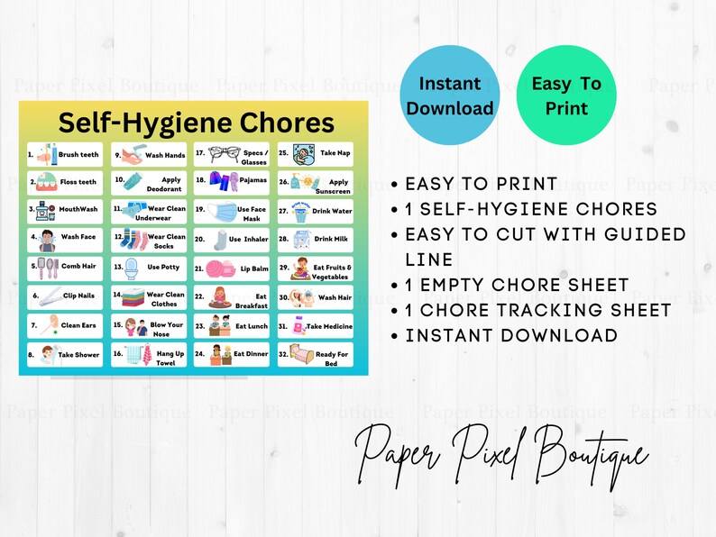Self Hygiene Chores, Printable Personal Hygiene Chart Checklist for ...
