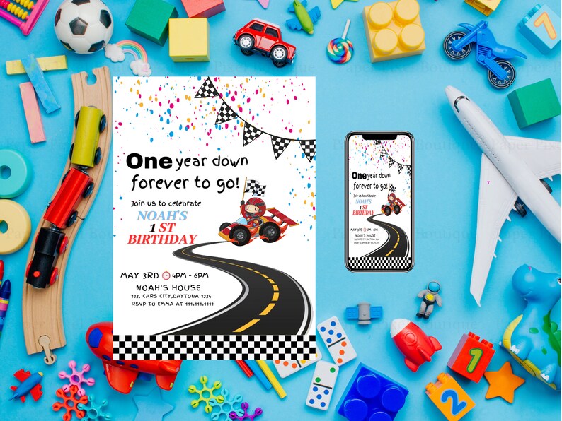 Editable Racing Car Birthday Invitation | One Year Down Invite | First ...