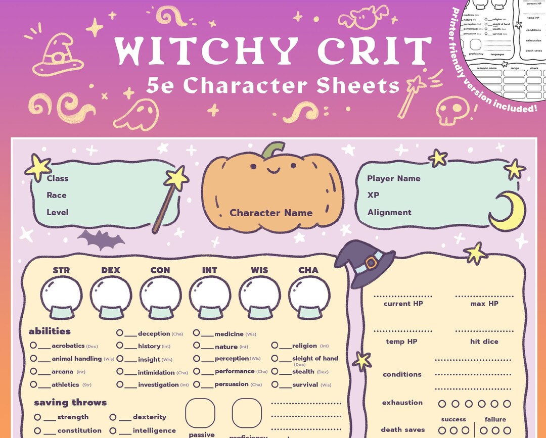 Witchy Crit Dnd 5e Character Sheets / PDF Digital File Printable A4 ...