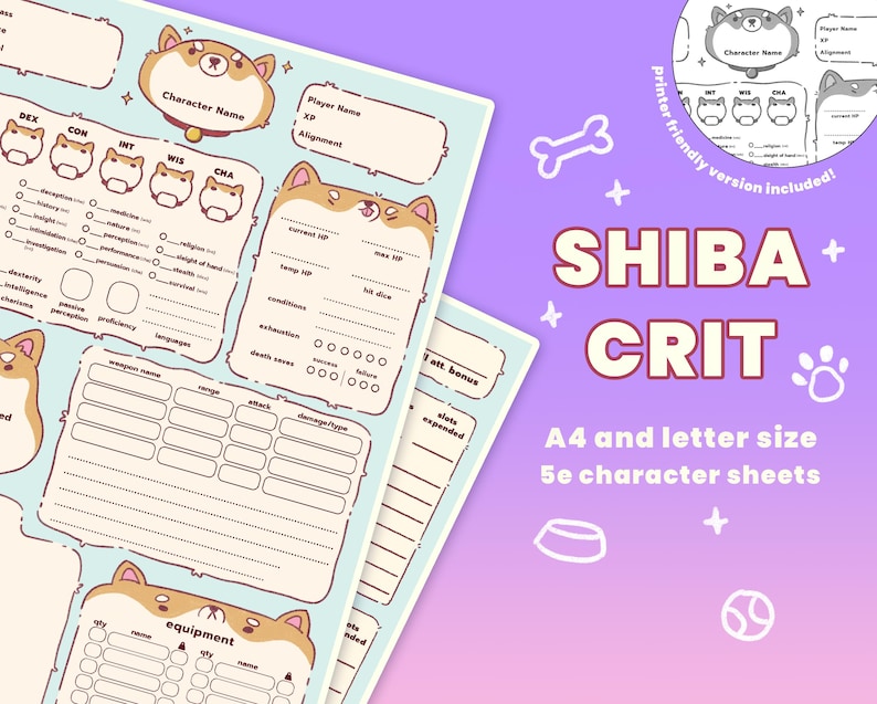 Shiba Crit Dnd 5e Character Sheets | Cute RPG PDF Printables - Etsy