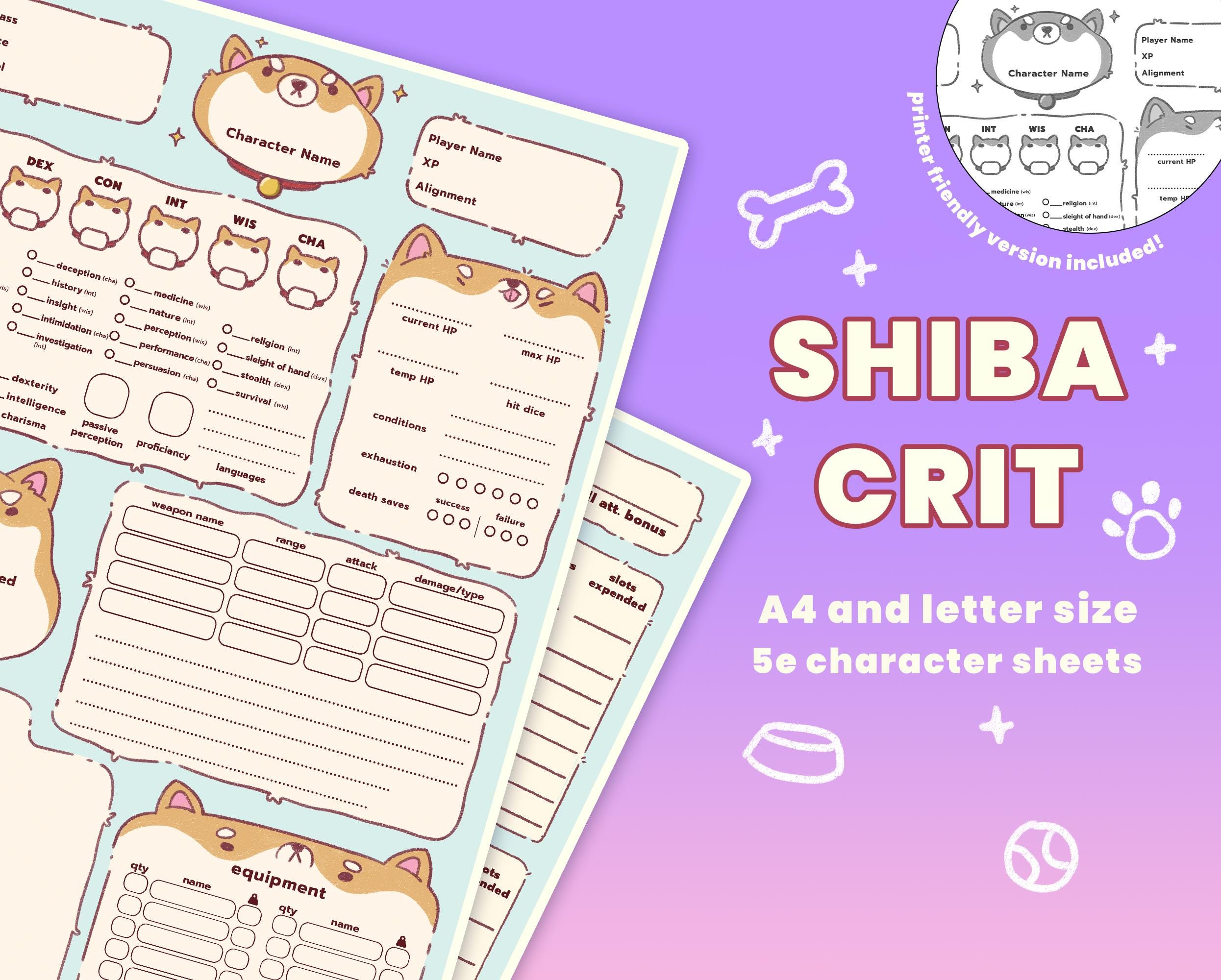 Shiba Crit Cute Dnd 5e Character Sheets | A4 and Letter Size PDF ...