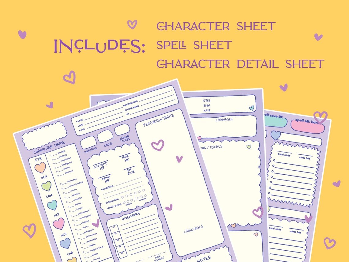 Cute Hearts Dnd 5e Character Sheets / PDF Digital Printable File - Etsy