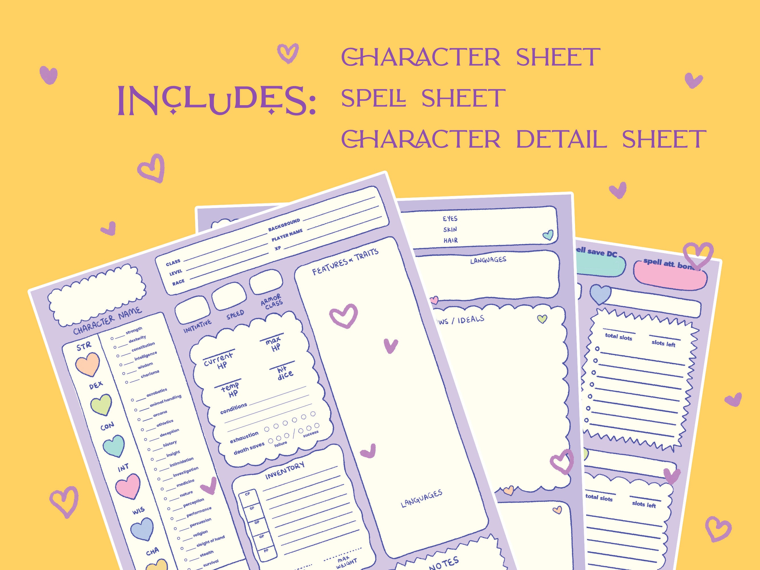 Cute Hearts Dnd 5e Character Sheets / PDF Digital Printable File - Etsy