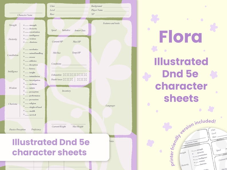 Flora Illustrated Dnd 5e Character Sheets | Digital Download PDF - Etsy