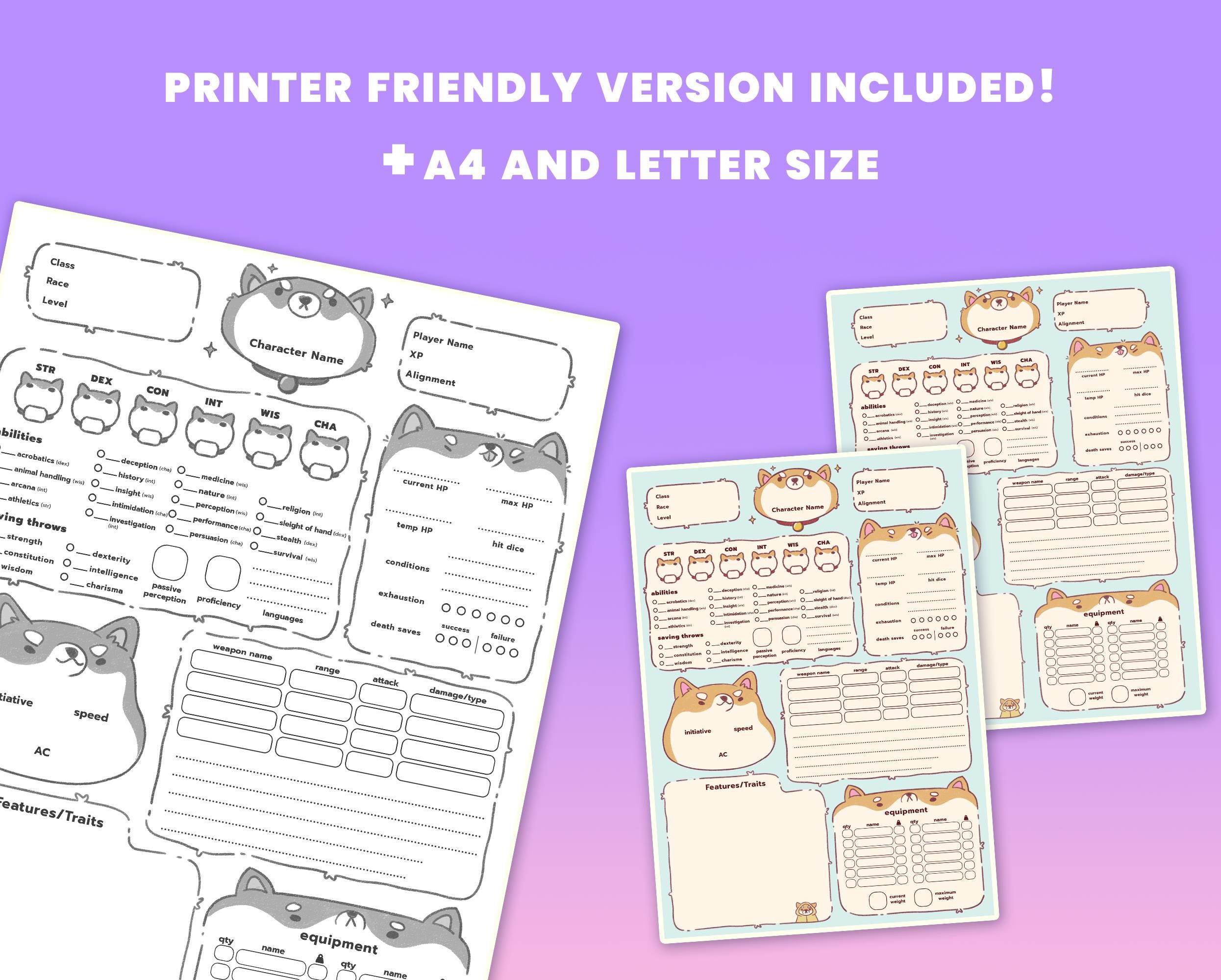 Shiba Crit Cute Dnd 5e Character Sheets | A4 and Letter Size PDF ...