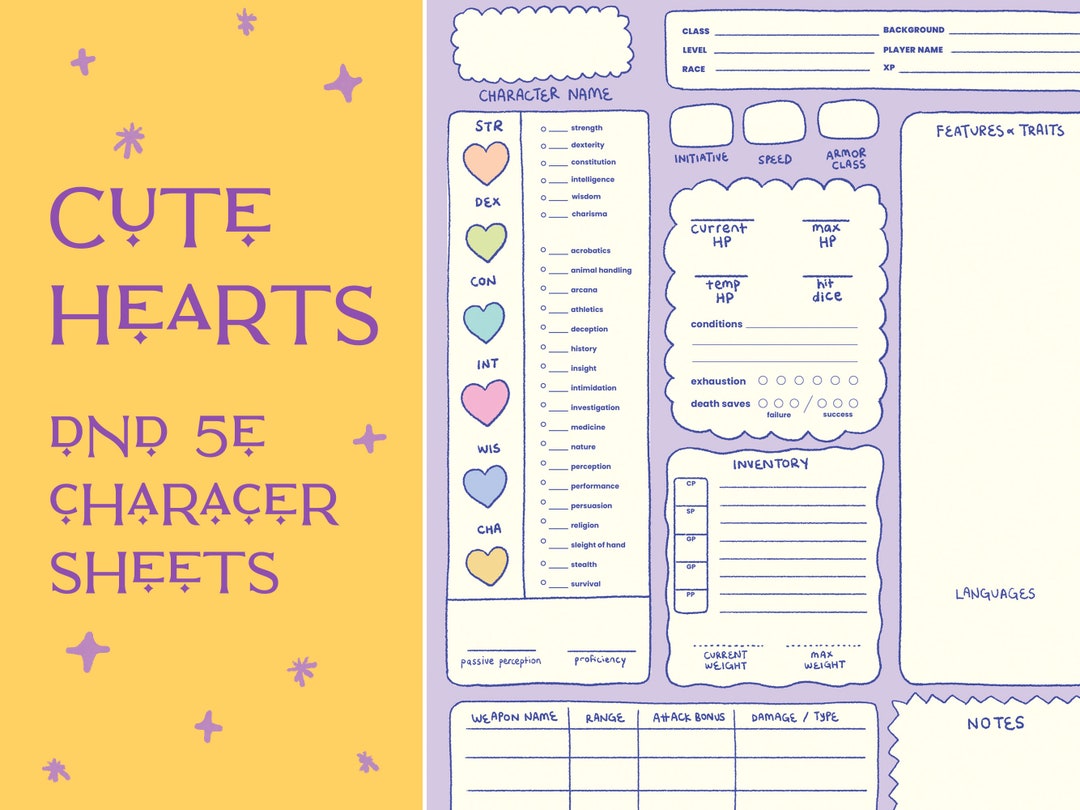 Cute Hearts Dnd 5e Character Sheets / PDF Digital Printable File - Etsy