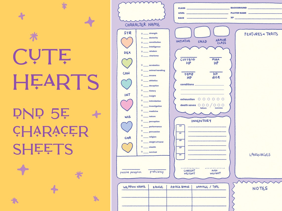 Cute Hearts Dnd 5e Character Sheets / PDF Digital Printable File - Etsy