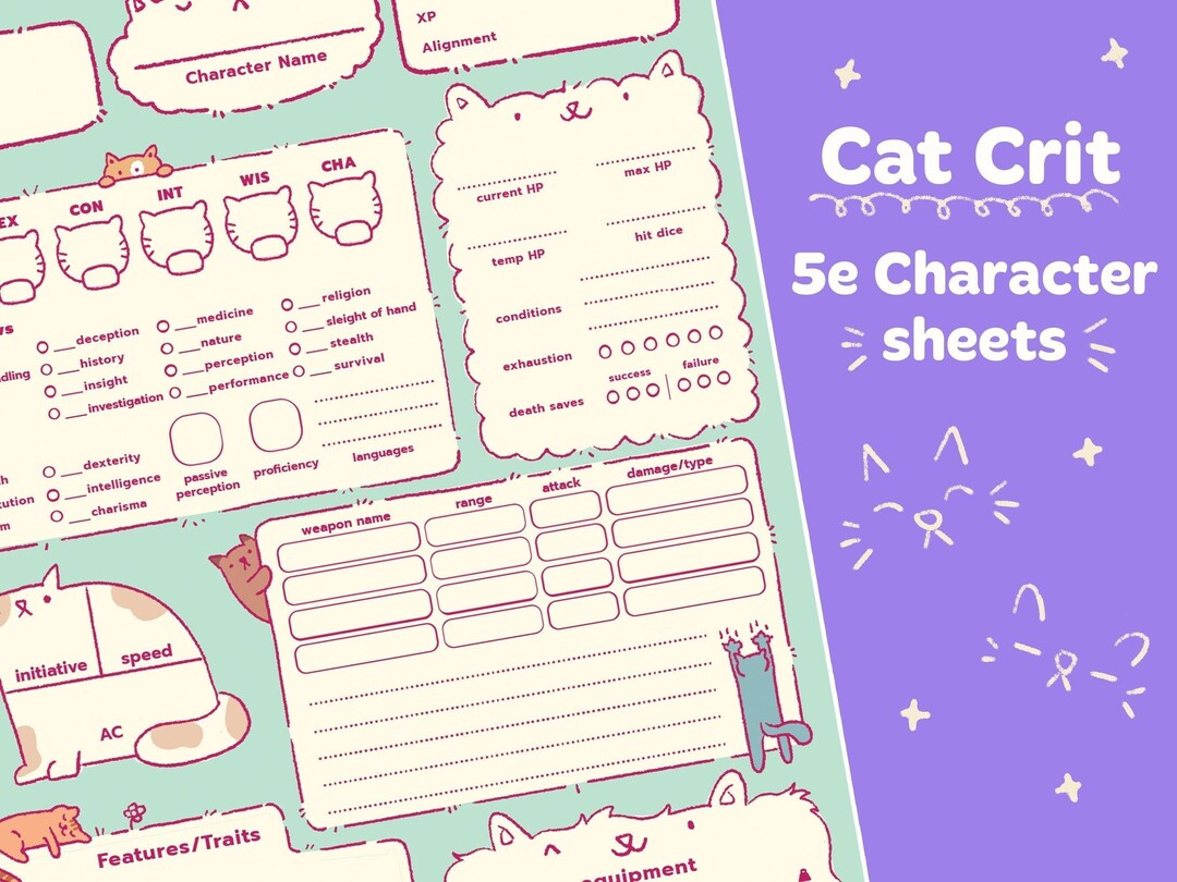 Cat Crit Dnd 5e Character Sheets PDF Digital File Printable A4 Size - Etsy